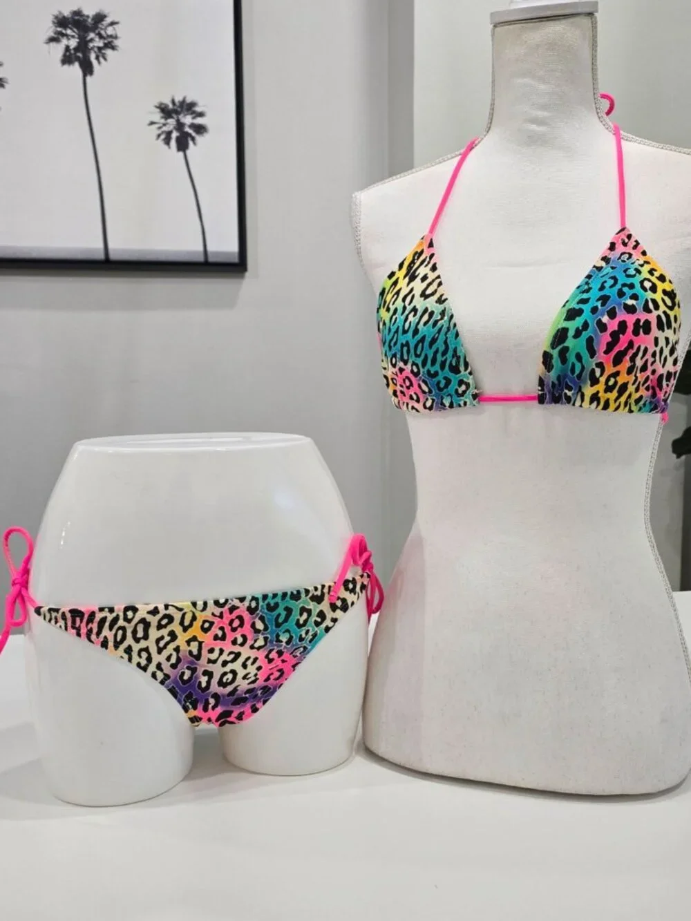 OP | Swim | Op Rainbow Leopard Print Bikini Set Neon Pink Tie Halter ...